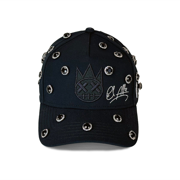 Cult x El Alfa Logo Crystal 5 Panel A Frame Trucker Hat in Black